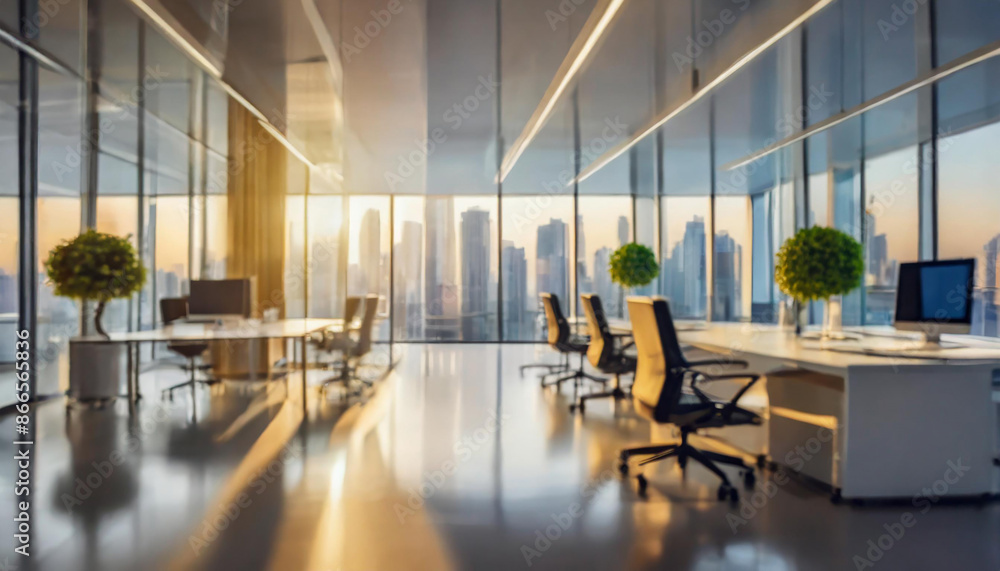 Blured background of modern, sleek office space with glass walls ...