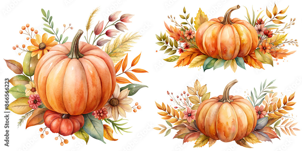 Watercolor autumn pumpkin clipart with fall floral leaves transparent ...