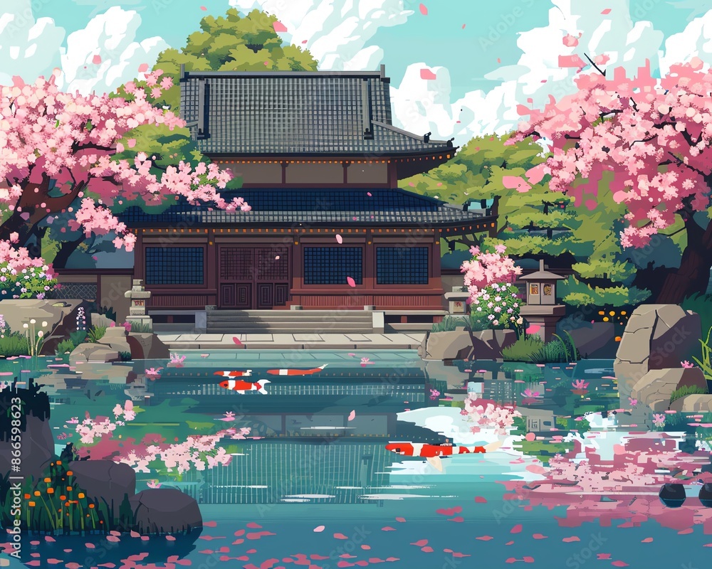 Pixel art of a serene Japanese garden with cherry blossoms, koi pond ...
