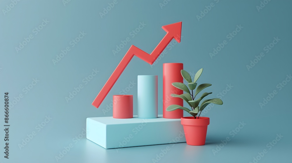 Growth chart with a red arrow indicating progress, surrounded by bar ...