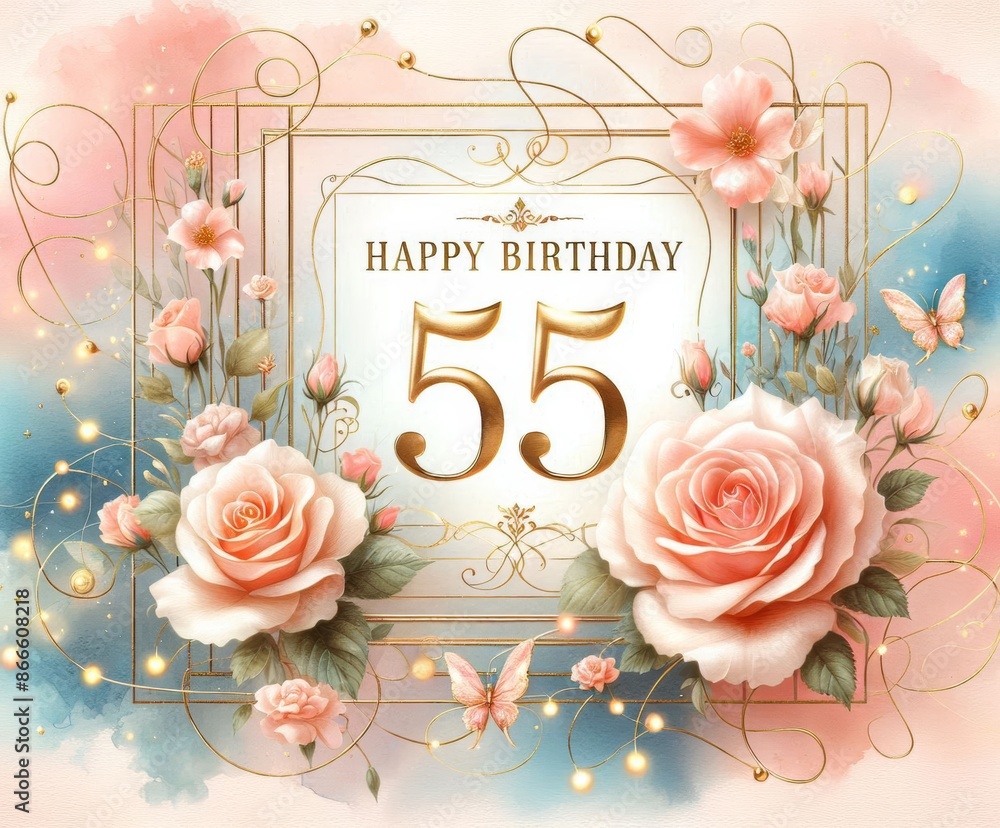 Elegant 55th birthday card with pink roses and butterflies on a dreamy ...