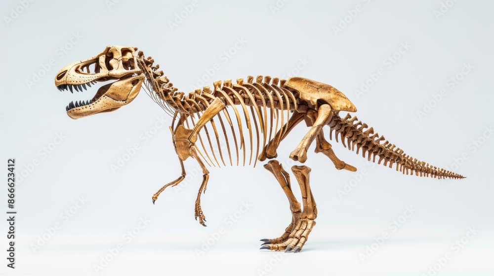 A complete Tyrannosaurus Rex skeleton stands on a white background, its ...