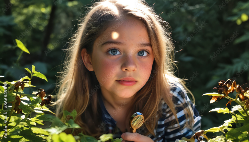 Adventurous Young Girl with Magnifying Glass Exploring the Natural ...