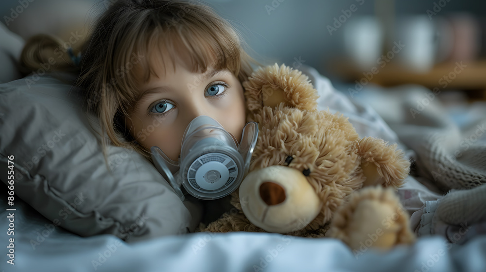 Girl suffering from pneumonia lying in a hospital bed with oxygen mask ...
