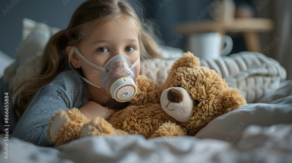 Girl suffering from pneumonia lying in a hospital bed with oxygen mask ...