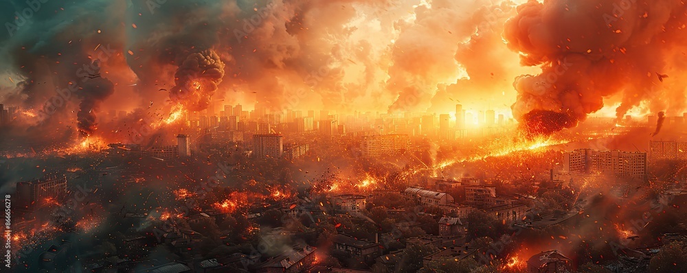 Ilustración de Stock Epic scene of fire and destruction in destroyed ...