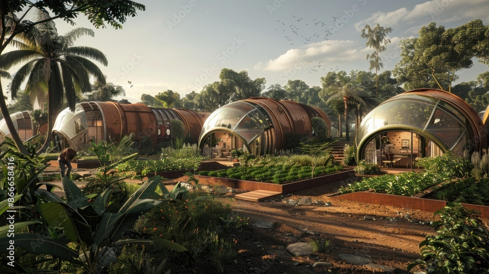 Futuristic sustainable housing with biodome homes in a tropical jungle ...