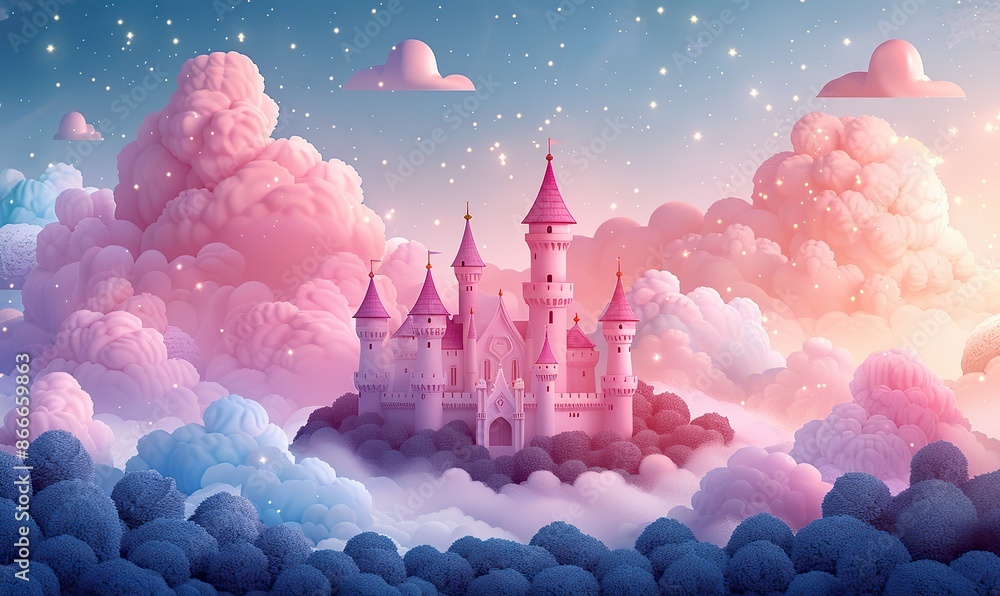 Dreamy pink and pastel castle for fairytales and kids stories concepts ...