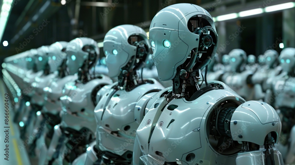 Futuristic androids lined up in a factory, depicting the rise of ...