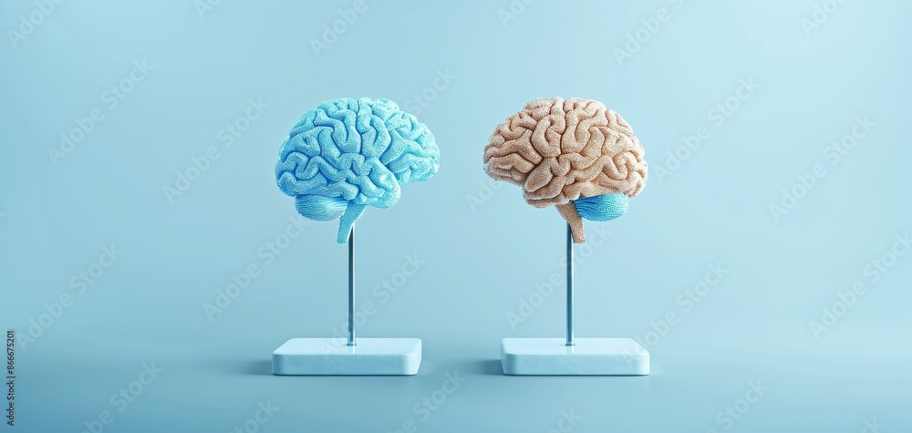 Two anatomical brain models, one blue and one beige, side by side on ...