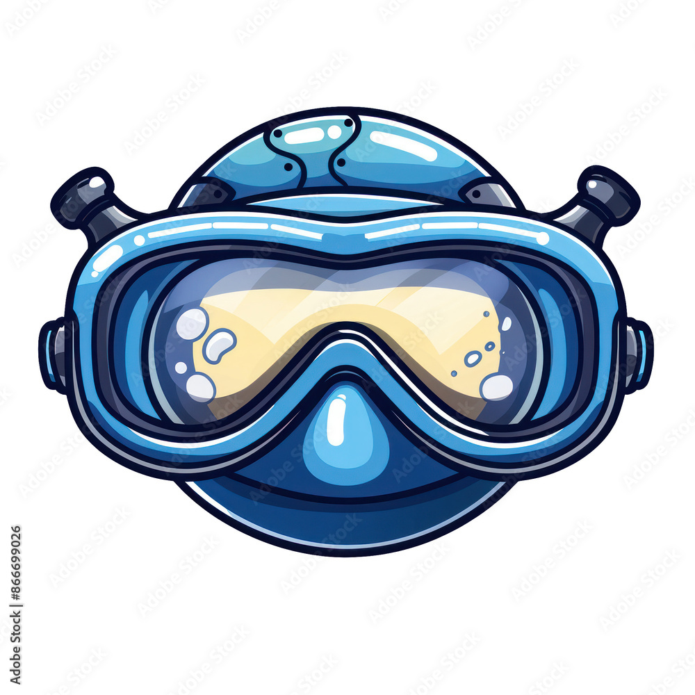 Cartoon illustration of a blue diving mask with a globe background ...