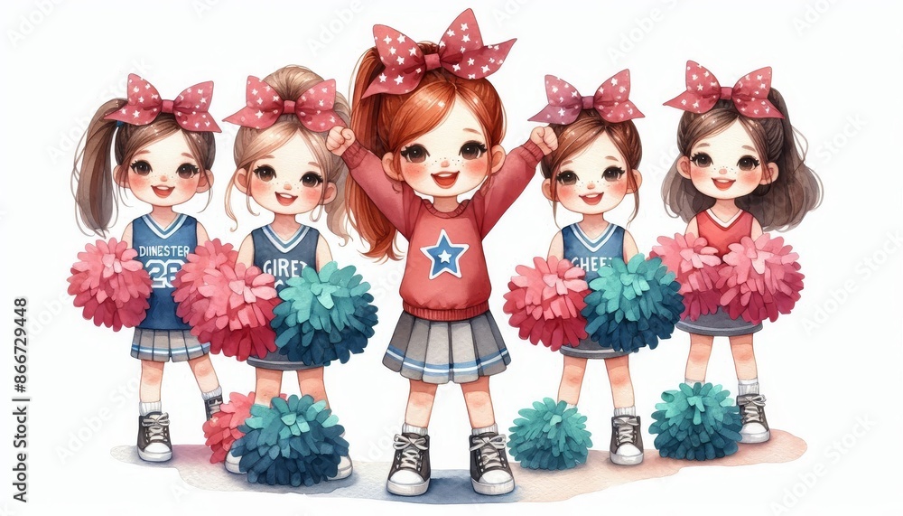Ilustración de Stock Cheerleaders with Pom-Poms in Cheerful Watercolor ...