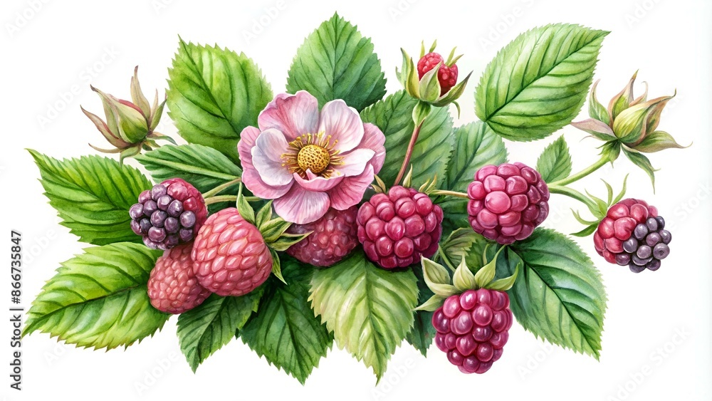 Roseleaf bramble fruit, leaf and flower isolated on white. Rubus ...