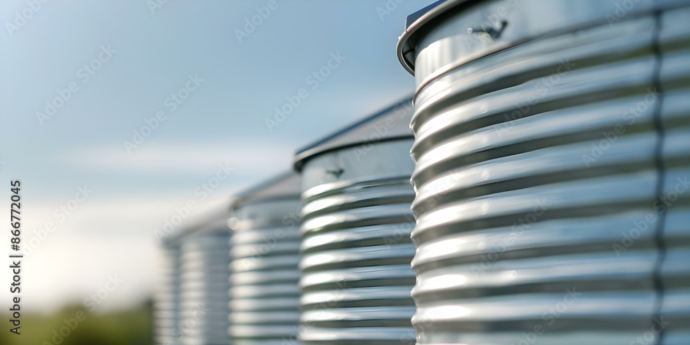 Metal tank collecting rainwater under a sloped roof. Concept Rainwater ...