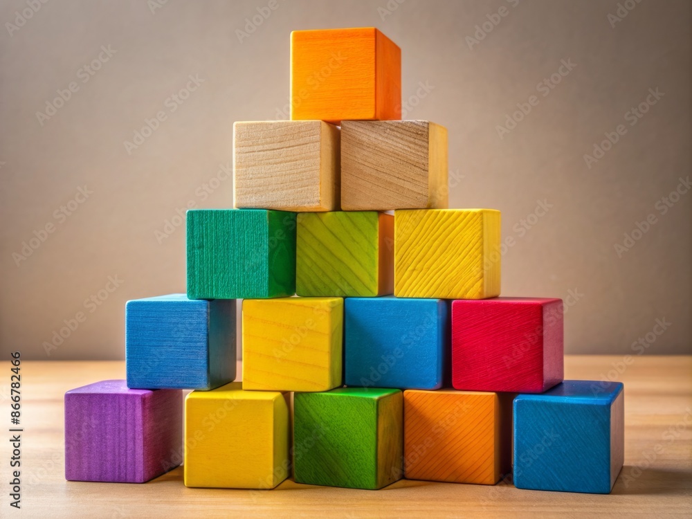 Vibrant wooden blocks stacked against a neutral background, displaying ...