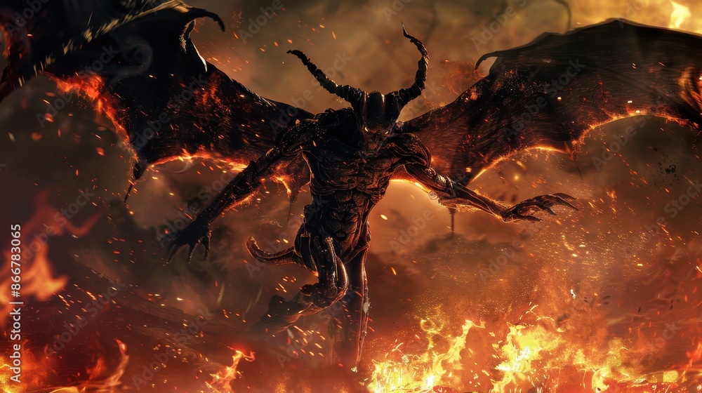 Fiery demon with large, bat-like wings, sharp horns, and a muscular ...