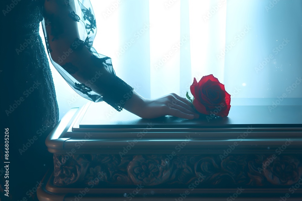 Woman in black dress holding red rose while standing by coffin with ...