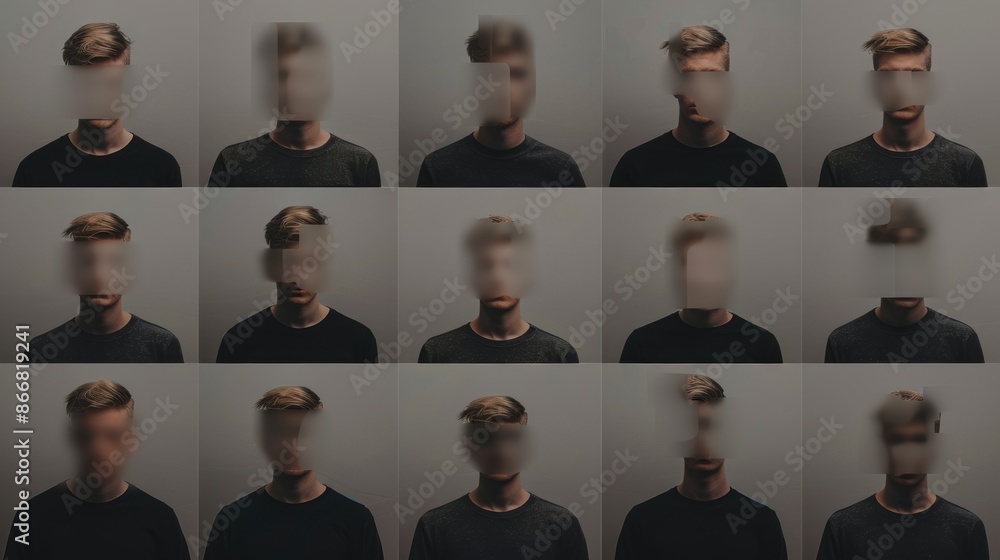 A grid of 18 blurred portraits of young men in similar poses, each with ...