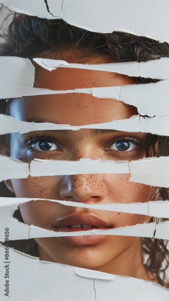 Woman's Face Revealed Through Torn Paper with Striking Blue Eyes and ...