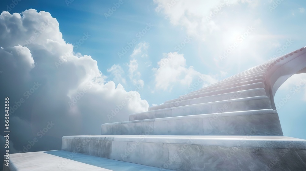 Stairway to heaven. White marble staircase leading to a bright sky with ...