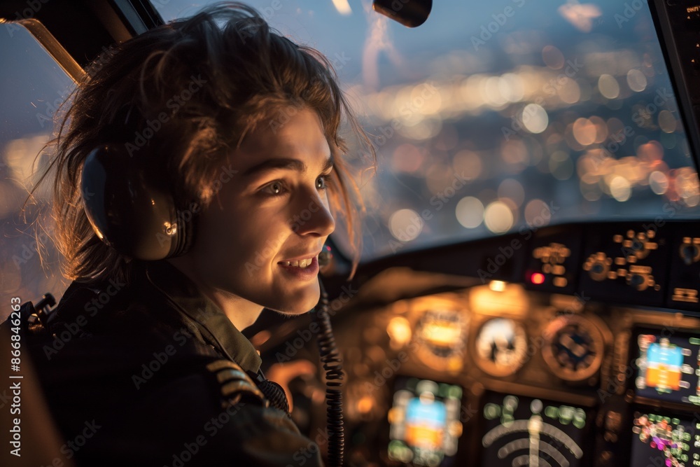 An experienced pilot is shown inside the cockpit at night, managing the ...