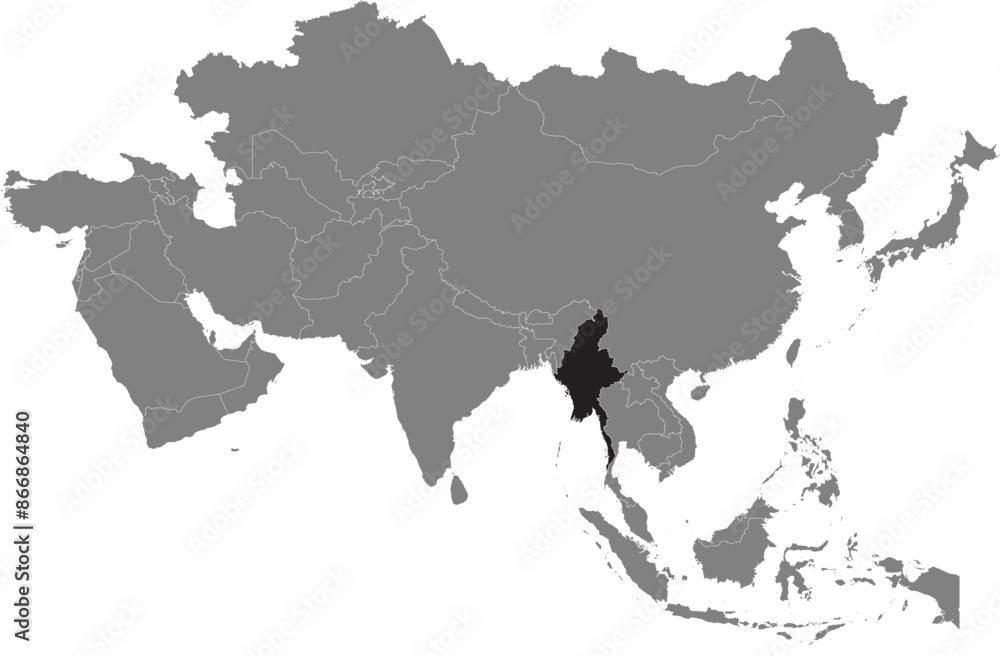 Highlighted black map of MYANMAR inside dark grey detailed blank ...