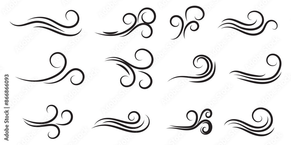 Doodle wind motion. Isolated vector set of abstract air swirls, blow ...