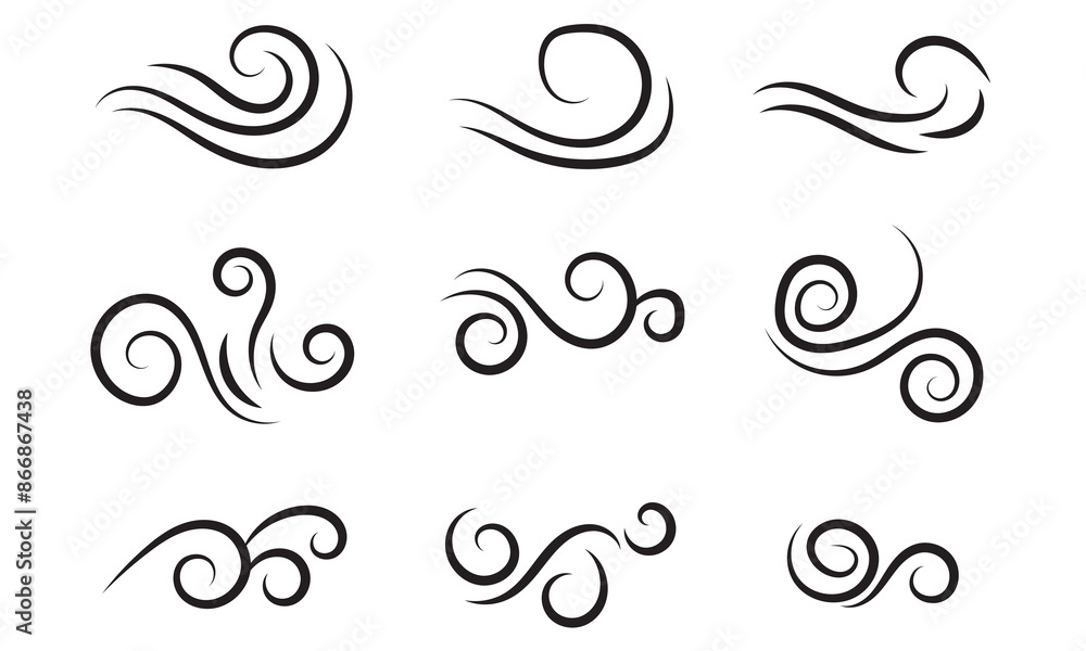 Vector de Stock Doodle wind line sketch set. Hand drawn doodle wind ...