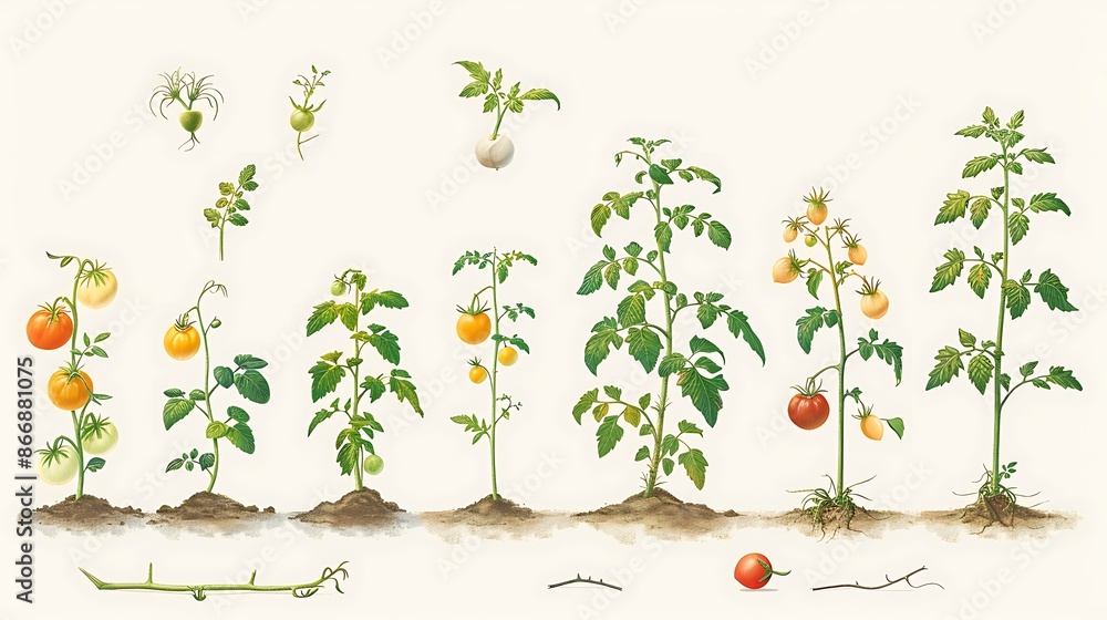 Series of illustrations lifecycle of Tomato Plant Solanum lycopersicum ...