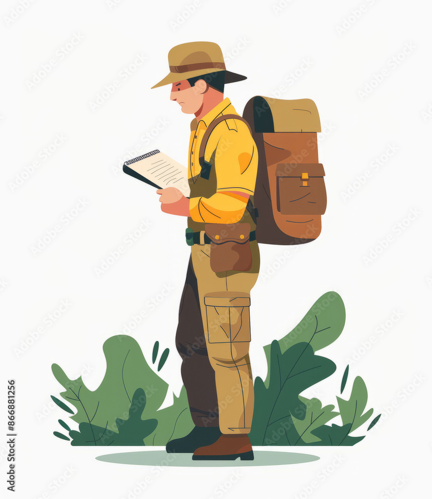 World Ranger Day. cartoon illustration of a park ranger standing amidst ...