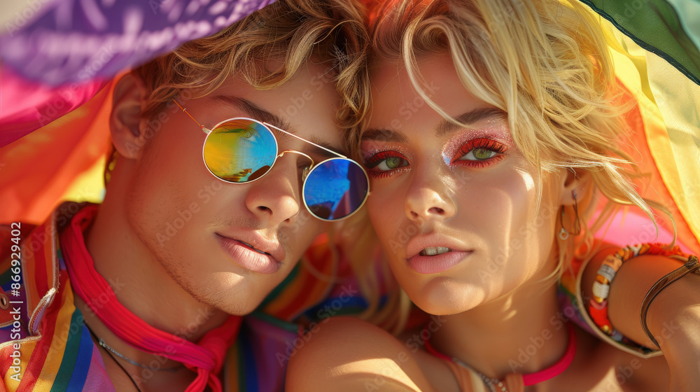 Young people bright make up standing next to each other smiling. One ...