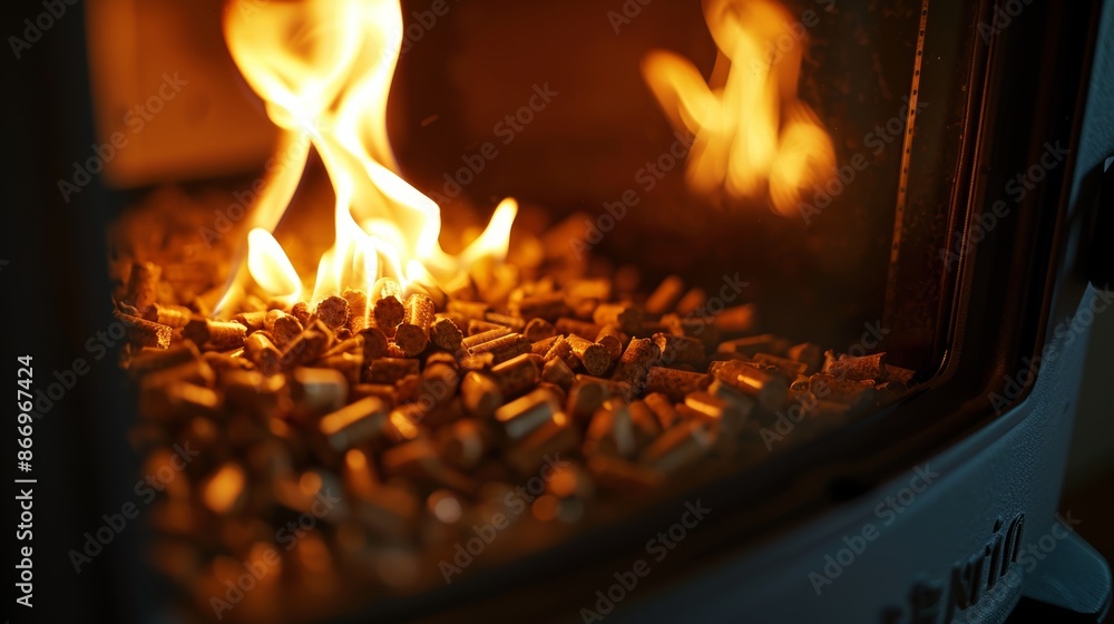 Wood pellet stove displaying burning pellets through transparent window ...