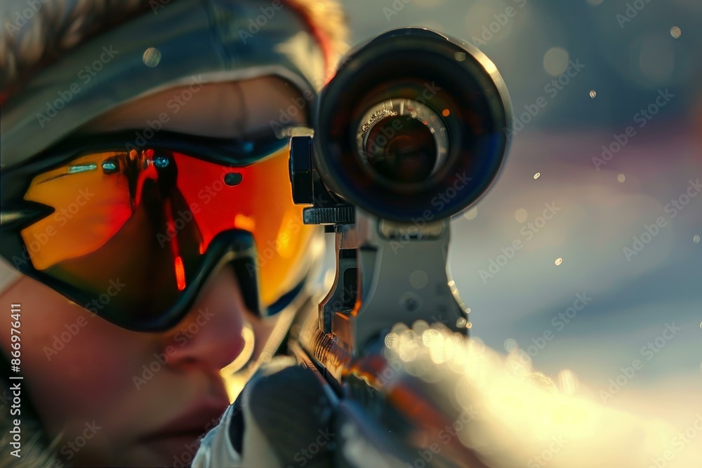 Professional biathlete is aiming with a rifle at biathlon competitions ...