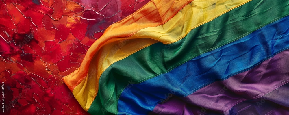 Rainbow flag on a red abstract textured background. Pride and LGBTQ ...