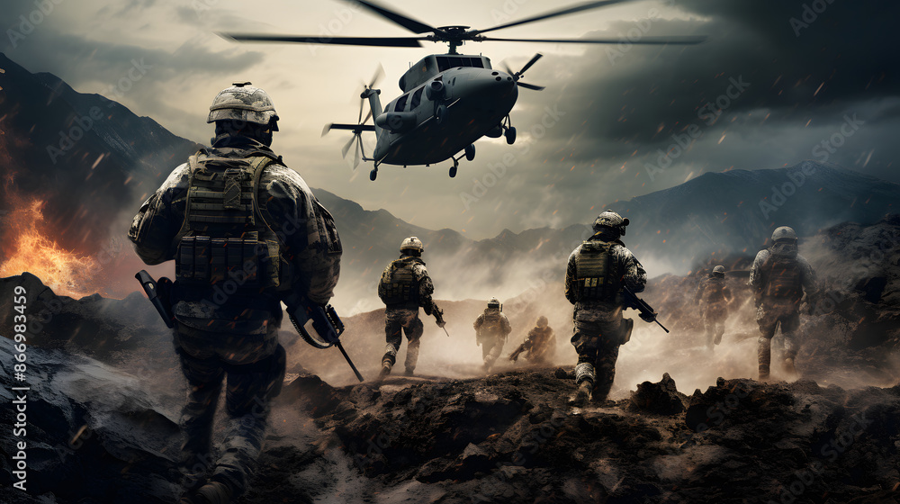 Modern warfare scene depicting soldiers in a tense combat situation ...