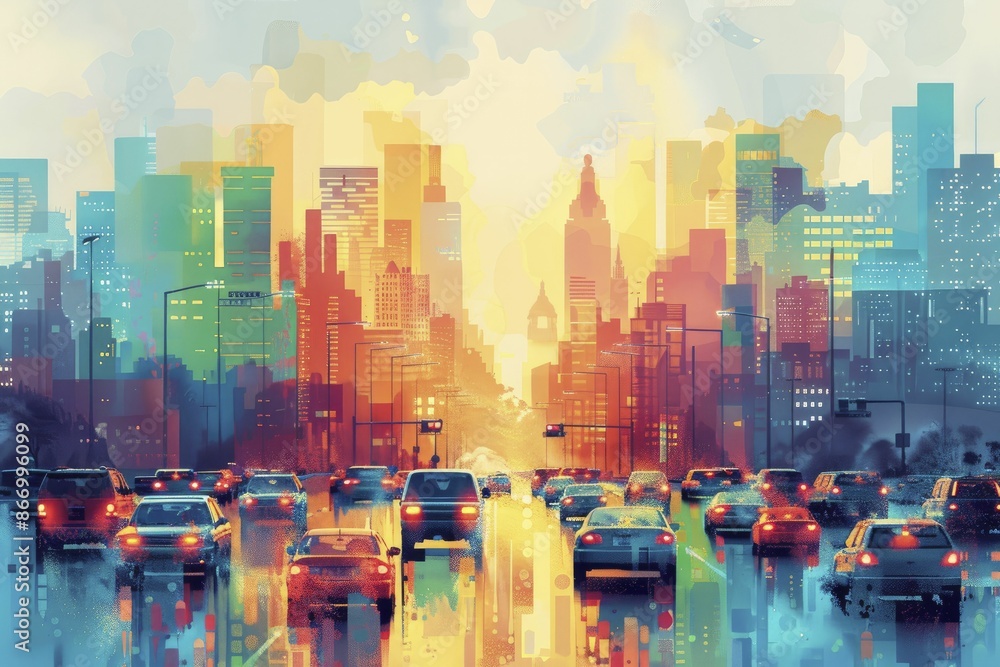 Depict urban noise pollution with a cityscape highlighting sources of ...