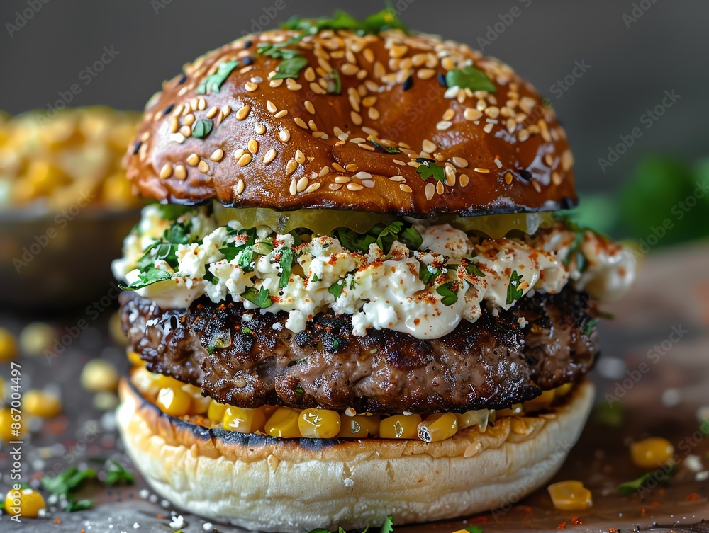 Mexican street corn burger with cotija cheese, cilantro, lime mayo, and ...