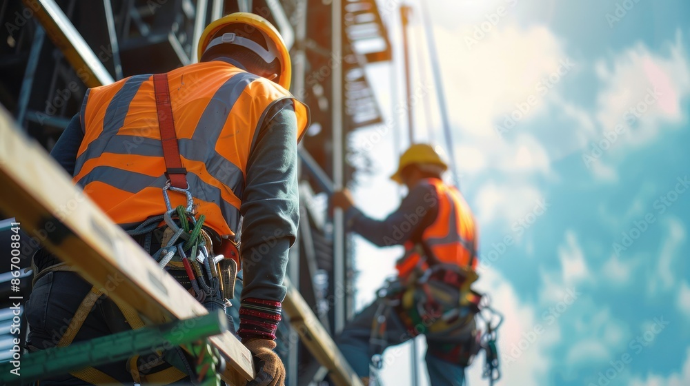 Foto de Stock Construction workers wearing safety equipment while ...