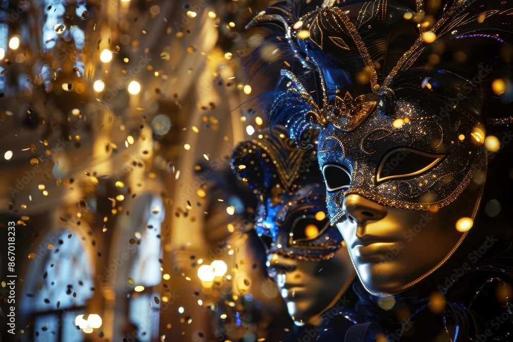elegant black and gold masquerade ball scene with shimmering confetti ...