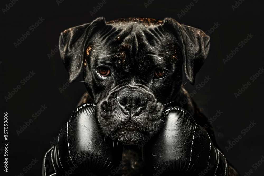 Studio portrait of a powerful black boxer dog wearing boxing gloves ...
