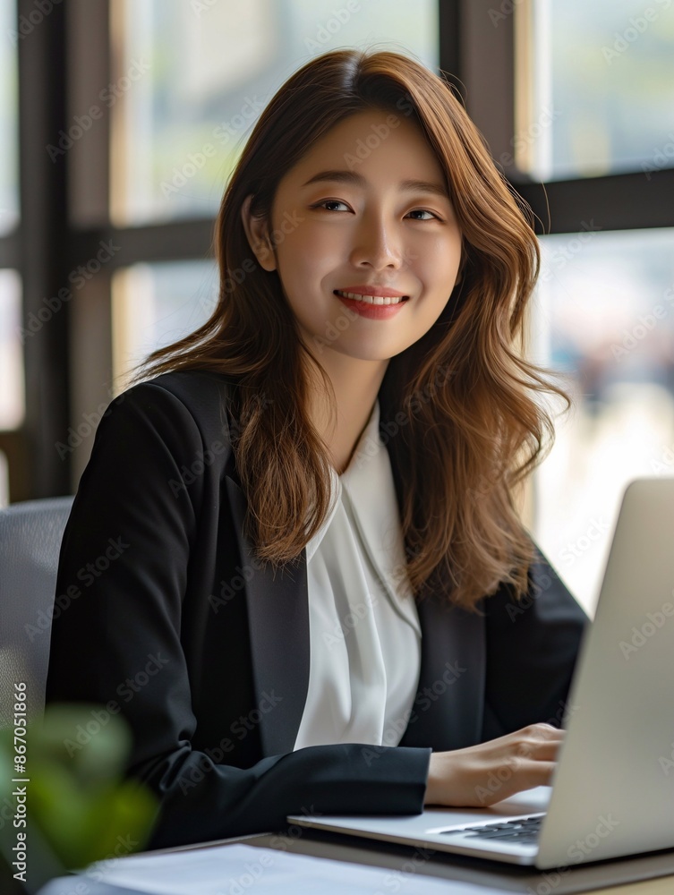 Happy busy korean business woman entrepreneur in office using laptop at ...