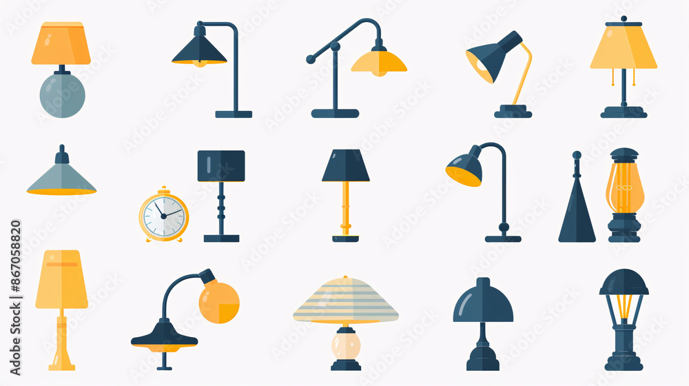 Flat icons depicting different types of lamps and lighting fixtures on ...