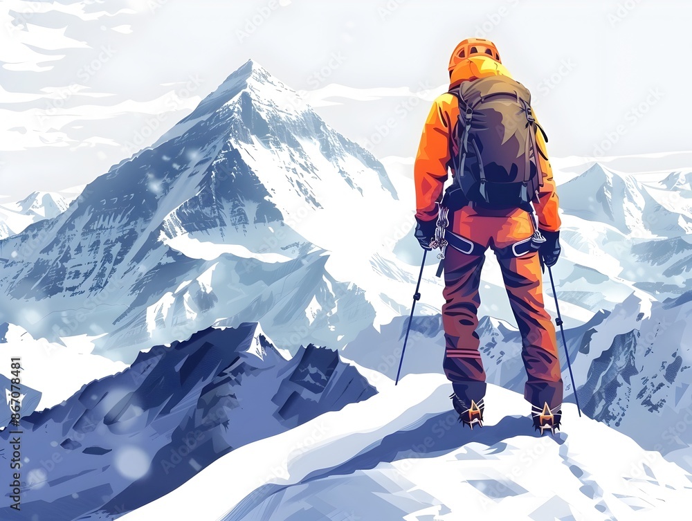 Cartoon Mountain Climber Reaching the Snowy Peak with Triumphant Pose ...