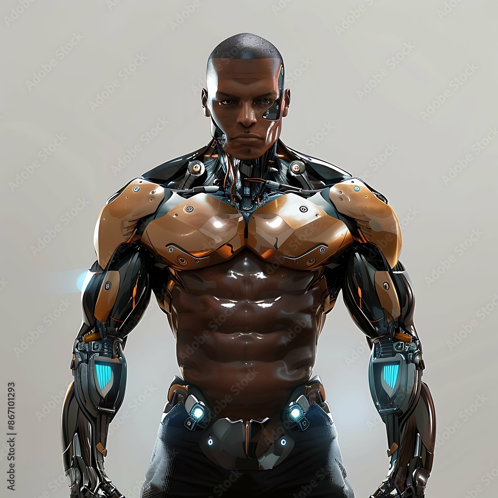 Bodybuilder with naked torso with robot head, cyborg. Robotics, new ...