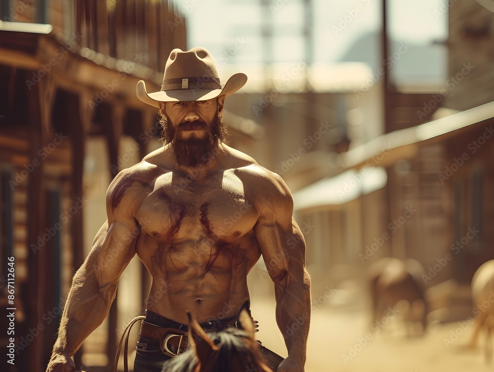 Ripped Cowboy Bodybuilder Lifts Horse in Dusty Wild West Town Stock ...