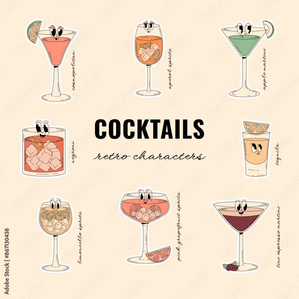 Groovy characters of cocktails and drinks, set of retro stickers with ...