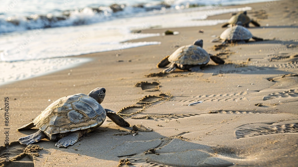 Slow-moving turtles crawl on the beach, their hard shells protecting ...