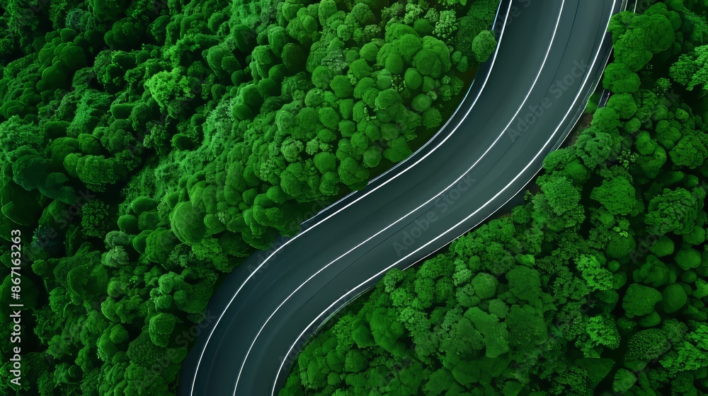 Aerial view of a highway cutting through lush green forest, smooth ...