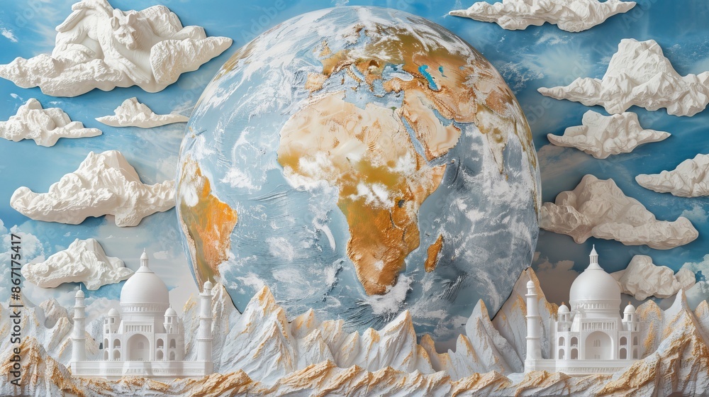 World globe featuring iconic landmarks, detailed monuments, bright and ...