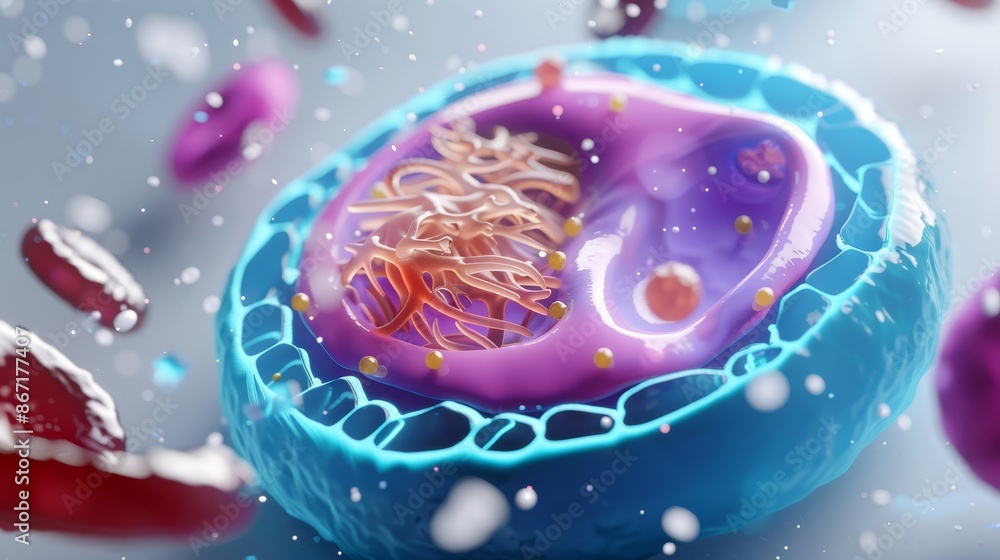 Eukaryotic cell structure with labeled nucleus, endoplasmic reticulum ...